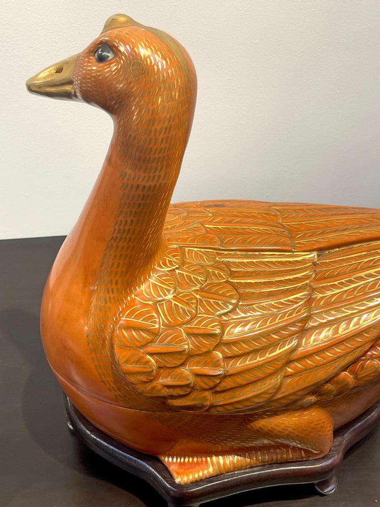 Chinese Export Porcelain Figural Iron Red and Gilt Duck Tureen and ...