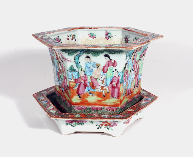 Chinese Export Porcelain Rose Canton Cache Pot and Stand For Sale at ...