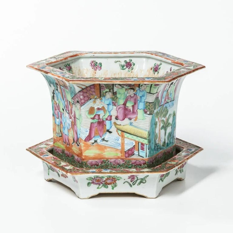 Chinese Export Porcelain Rose Canton Cache Pot and Stand For Sale at ...