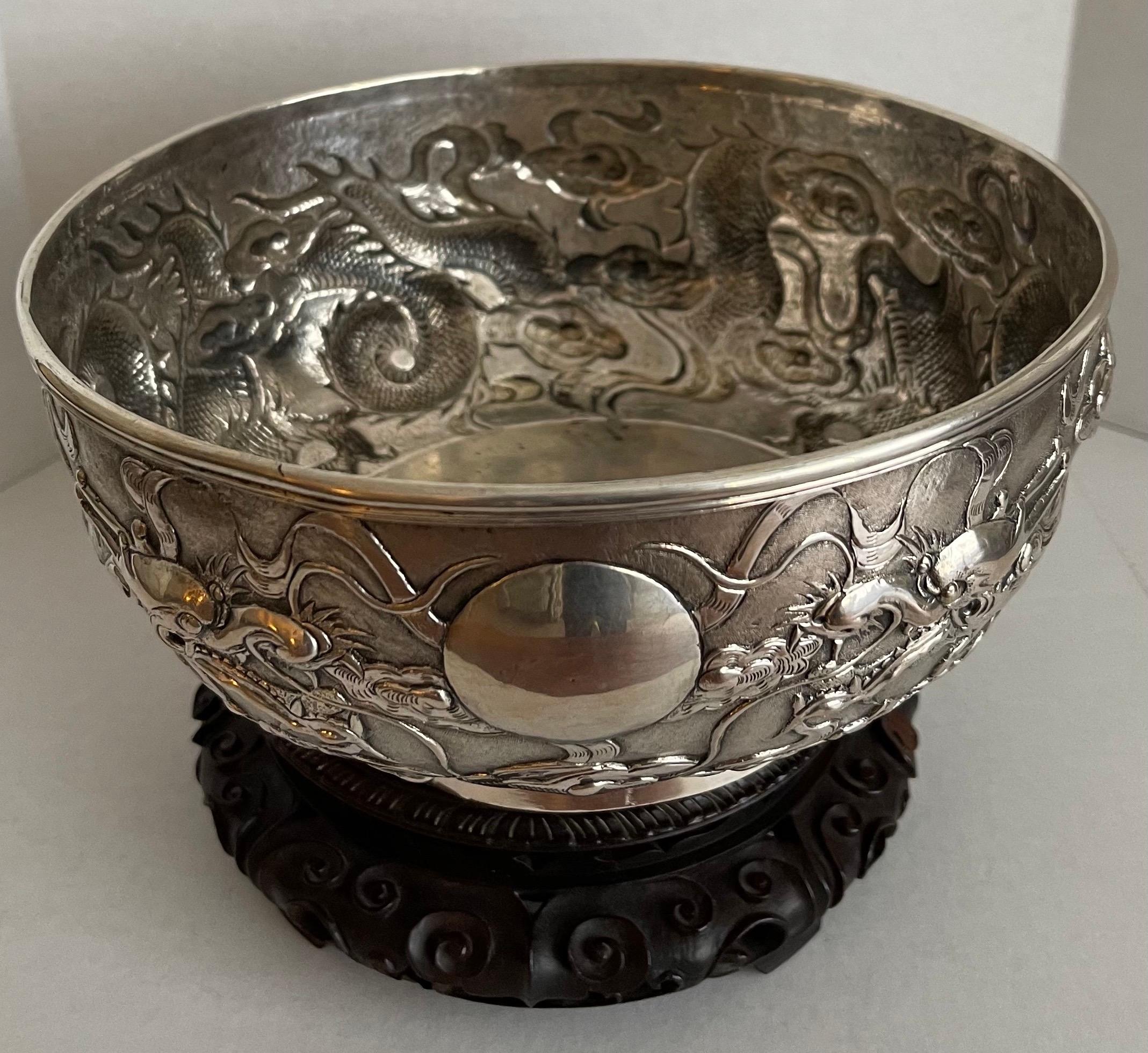 Chinese Export Silver Dragon Bowl on Stand For Sale at 1stDibs