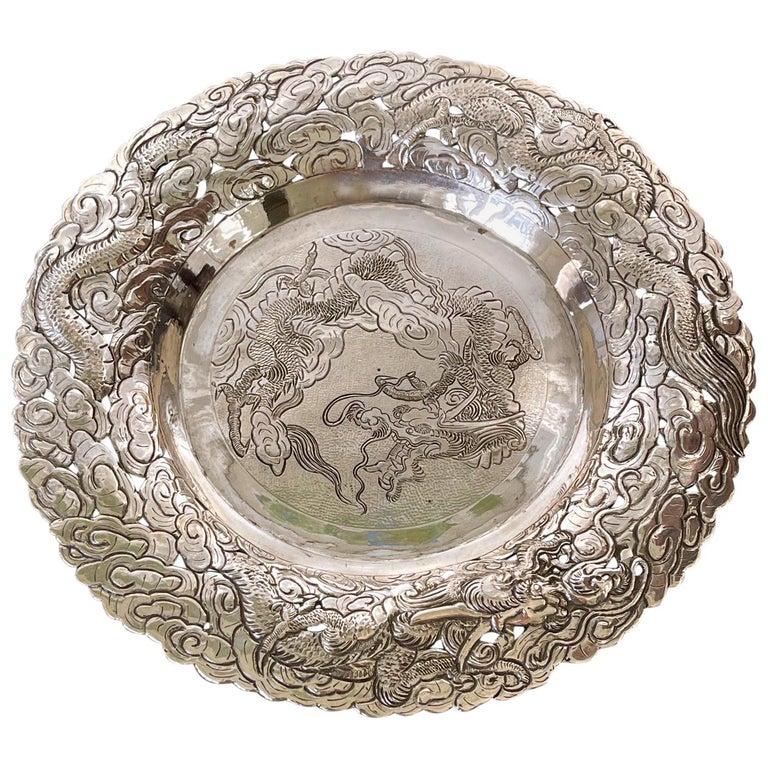 Chinese Export Silver Dragon Serving Tray For Sale at 1stDibs