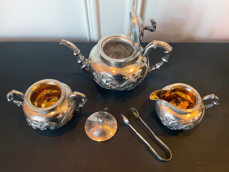 Chinese Export Silver Tea Set with Original Box Zee Wo For Sale at 1stDibs