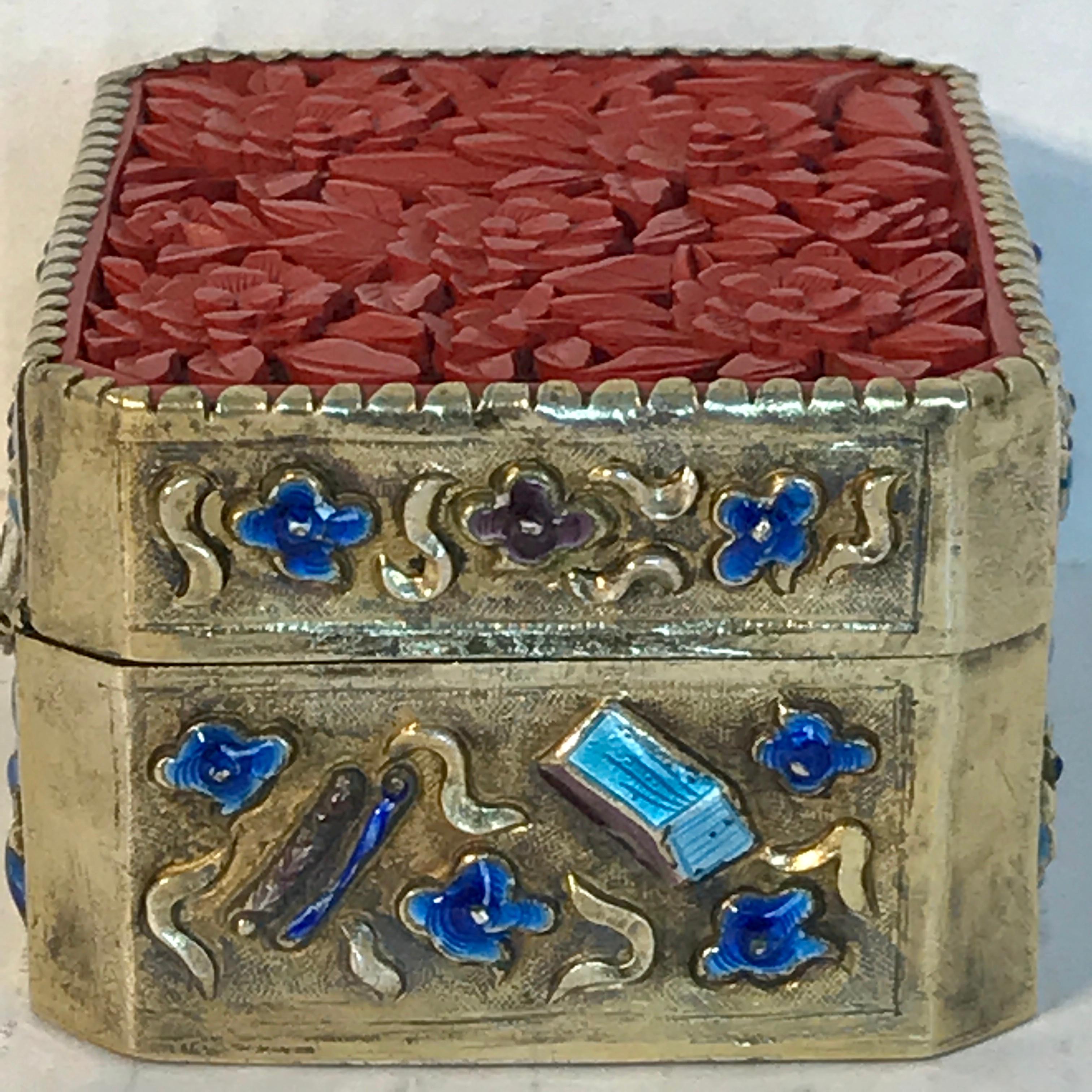 Chinese Export Silver Vermeil Enamel Carved Cinnabar Box For Sale at ...
