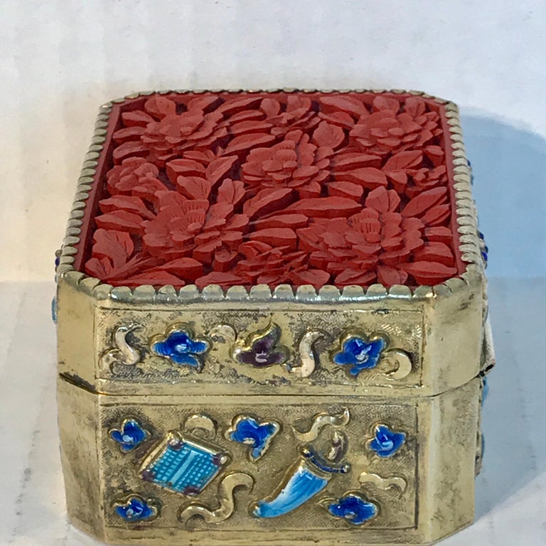 Chinese Export Silver Vermeil Enamel Carved Cinnabar Box For Sale at ...