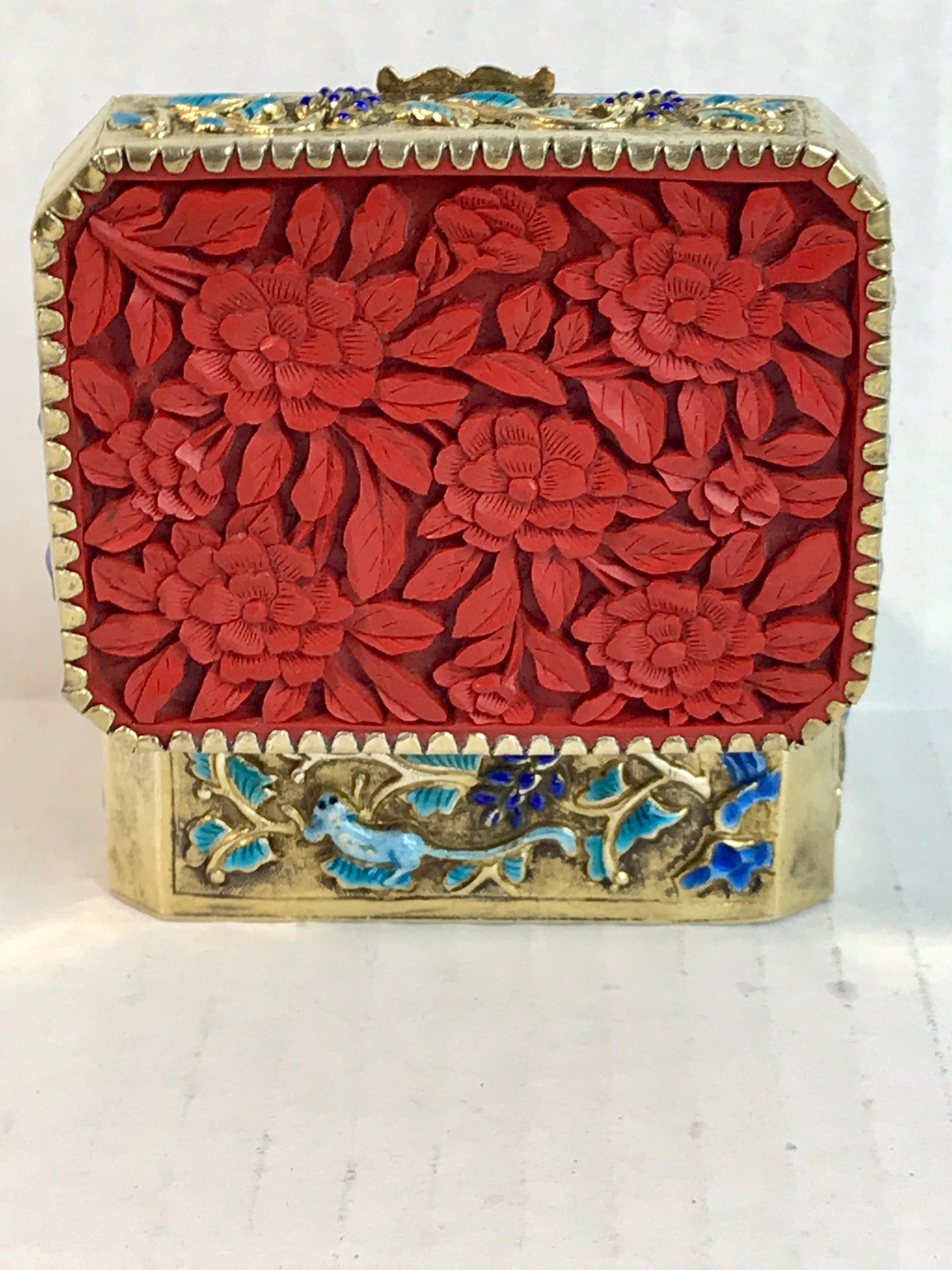 Chinese Export Silver Vermeil Enamel Carved Cinnabar Box For Sale at ...