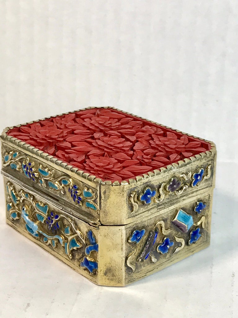 Chinese Export Silver Vermeil Enamel Carved Cinnabar Box For Sale at ...