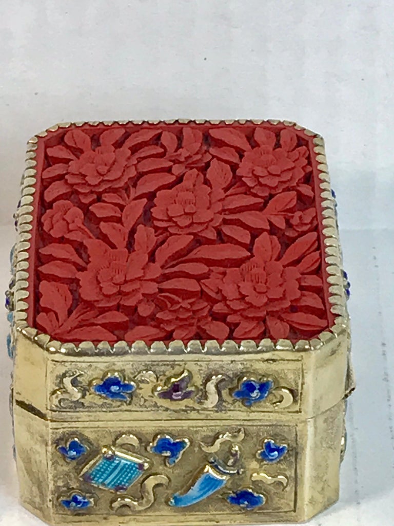 Chinese Export Silver Vermeil Enamel Carved Cinnabar Box For Sale at ...