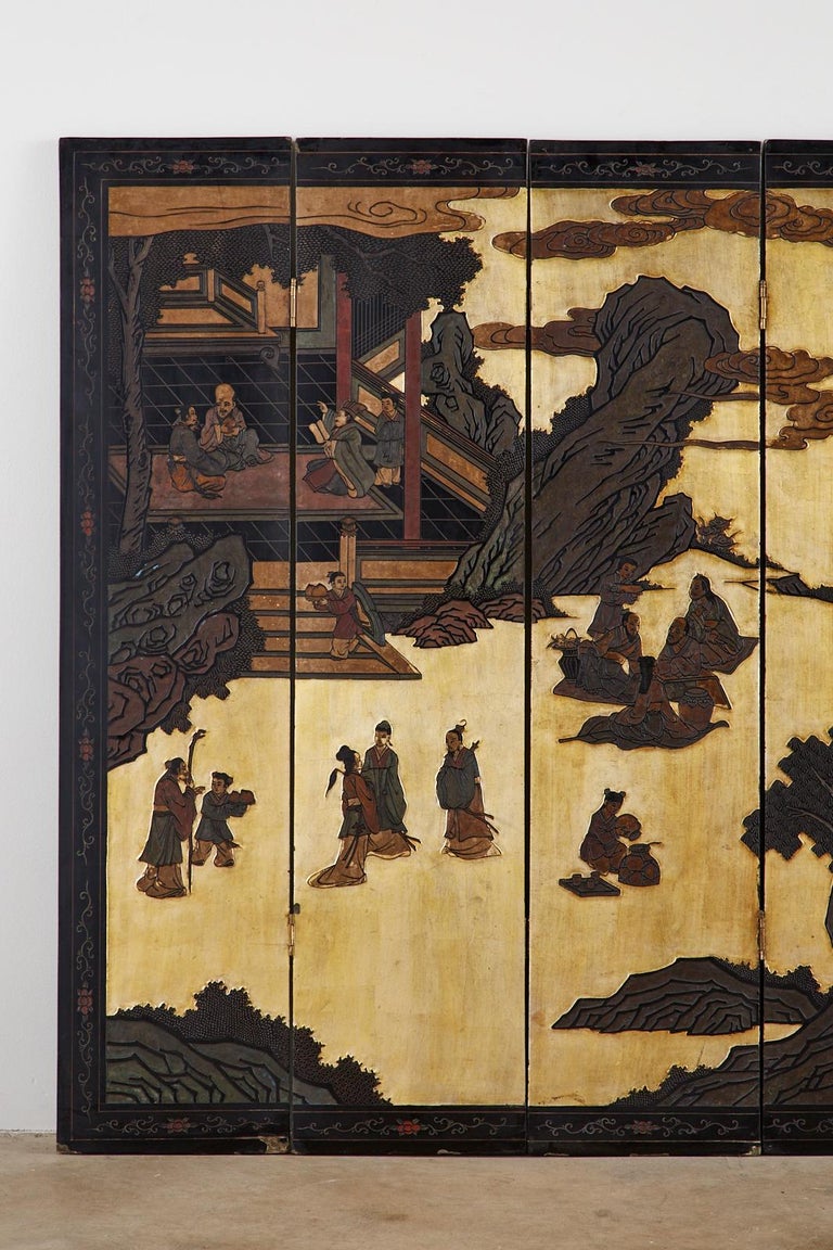 Chinese Export Six-Panel Gilt Coromandel Screen of Immortals at 1stDibs