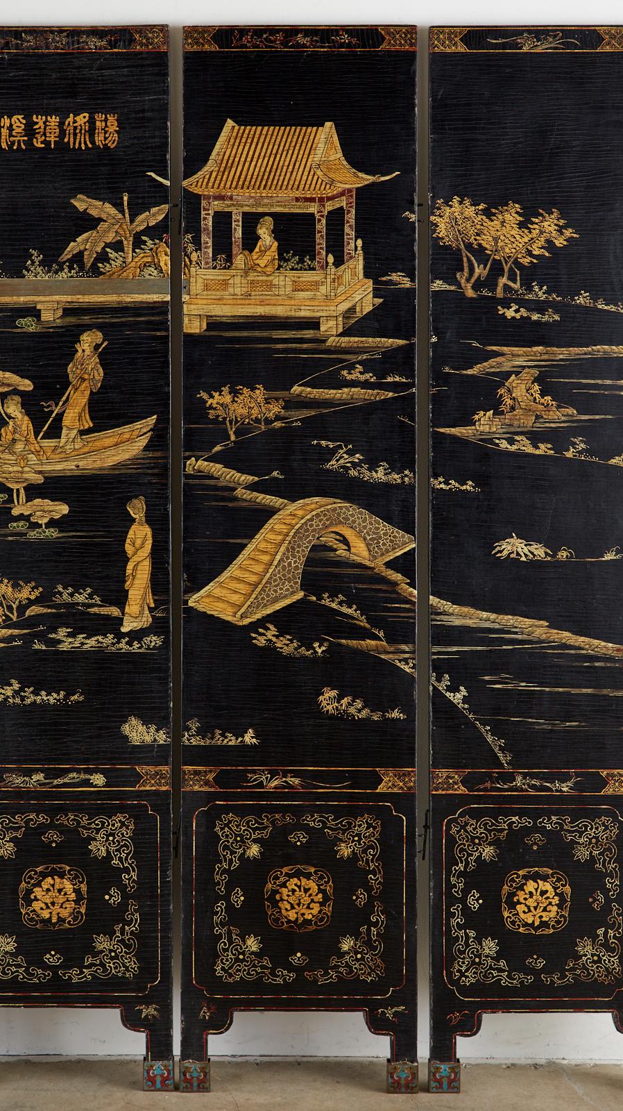Chinese Export Six-Panel Lacquered Coromandel Style Screen at 1stDibs
