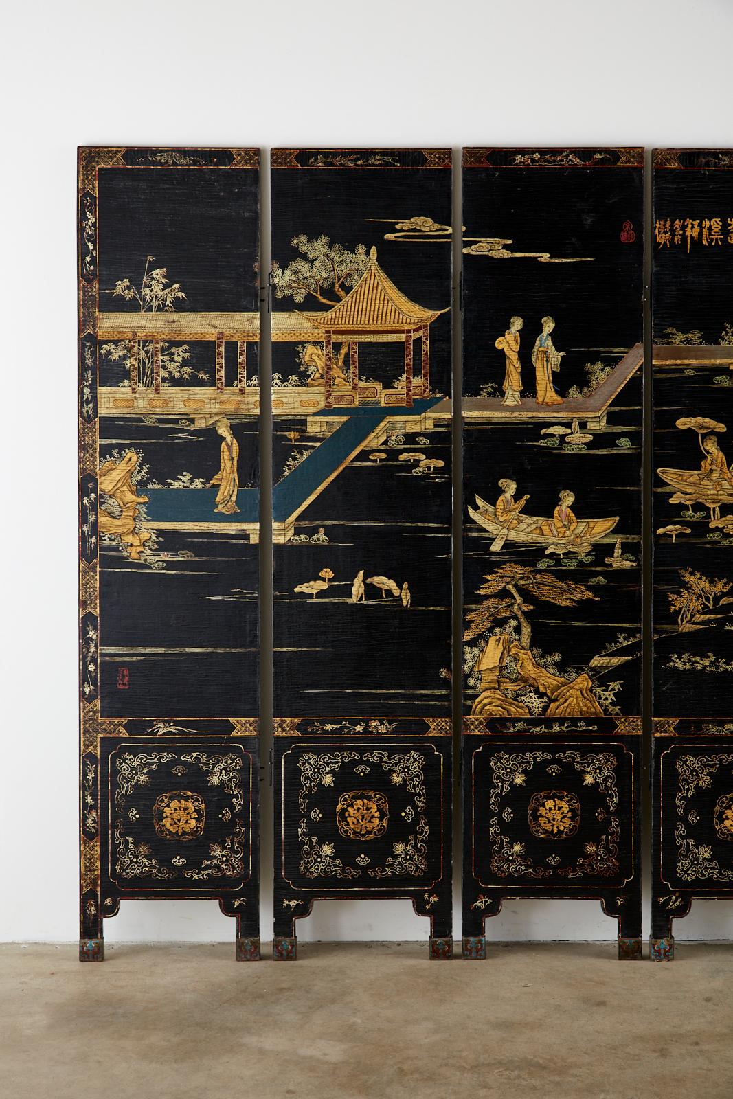 Chinese Export Six-Panel Lacquered Coromandel Style Screen at 1stDibs