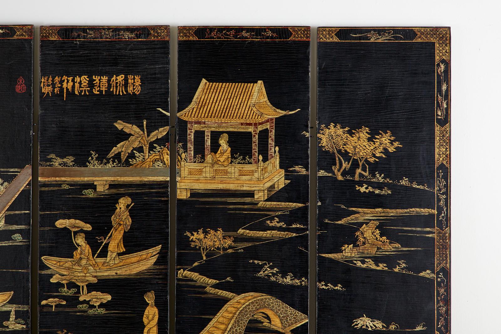 Chinese Export Six-Panel Lacquered Coromandel Style Screen at 1stDibs