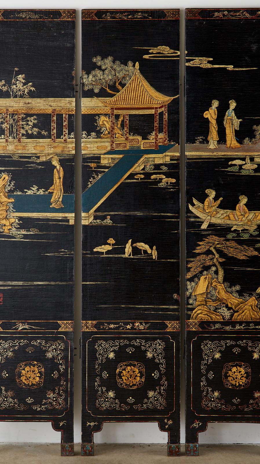 Chinese Export Six-Panel Lacquered Coromandel Style Screen at 1stDibs