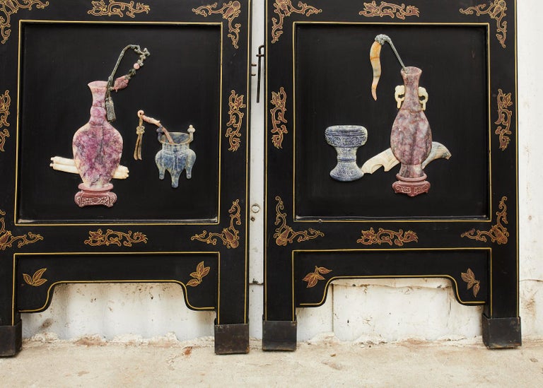 Chinese Export Six Panel Lacquered Hardstone Coromandel Screen at 1stDibs