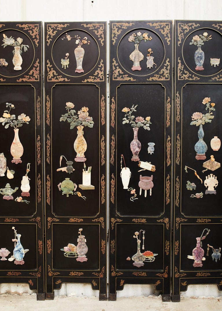 Chinese Export Six Panel Lacquered Hardstone Coromandel Screen at 1stDibs