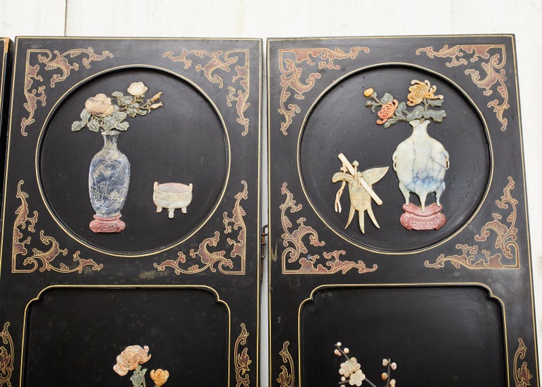 Chinese Export Six Panel Lacquered Hardstone Coromandel Screen at 1stDibs