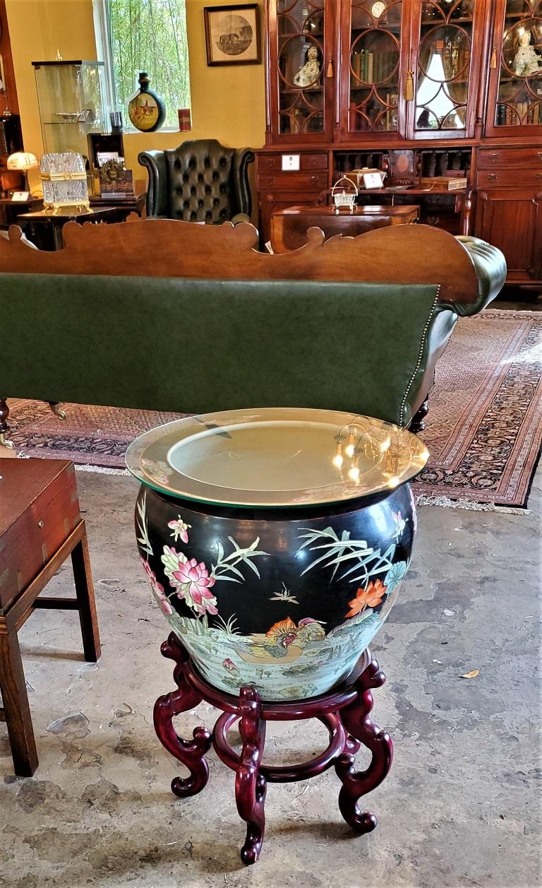 Chinese Famille Noir Fish Bowl Side Table with Stand at 1stDibs