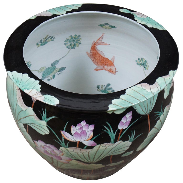 Chinese Famille Noire Porcelain Koi Lily Fish Bowl Planter Jardiniere ...