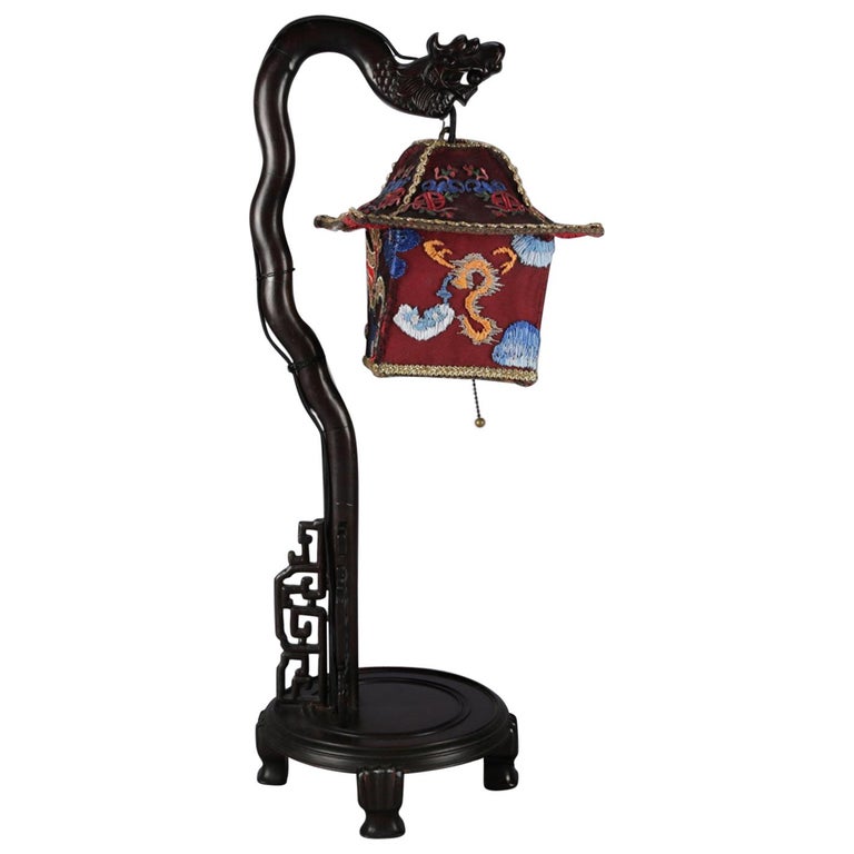 Chinese Figural Carved Hardwood Dragon Desk Lamp, Embroidered Pagoda ...