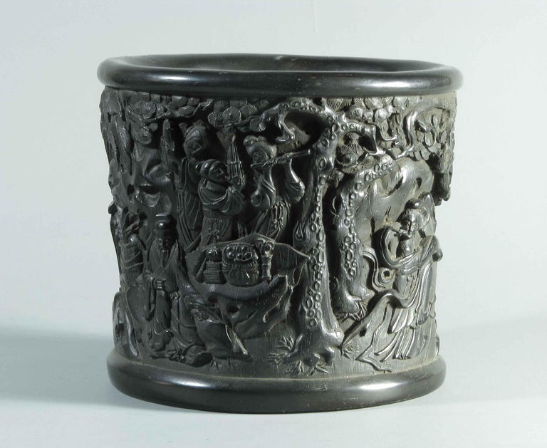 Chinese Finley Moulded Ebonized Plaster Brush Pot Bitong Imitating ...