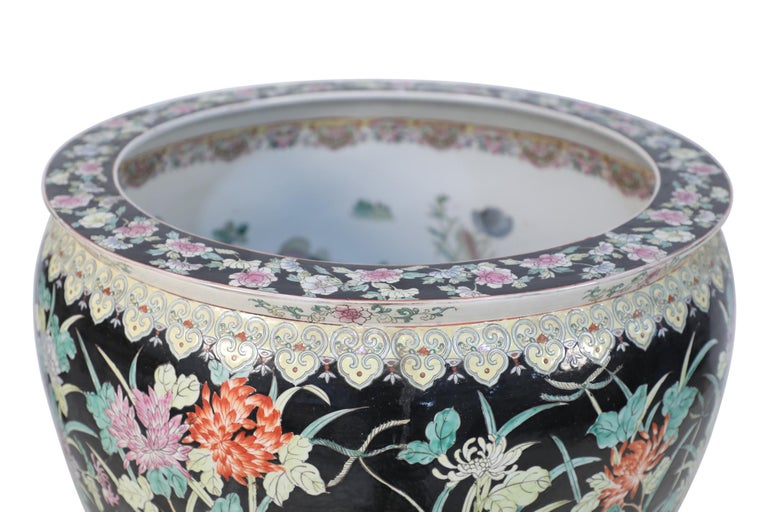 Chinese Floral Porcelain Planter with Wooden Stand For Sale at 1stDibs
