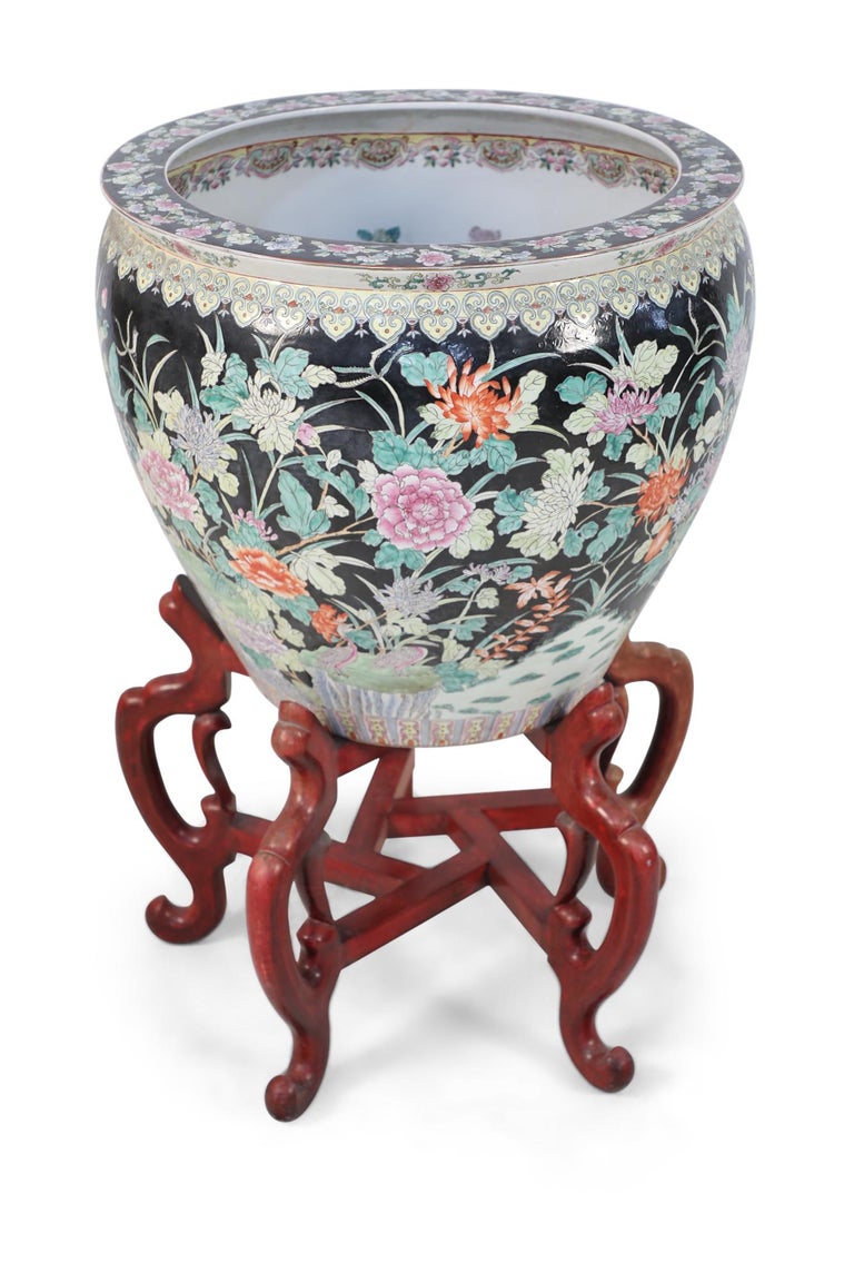 Chinese Floral Porcelain Planter with Wooden Stand For Sale at 1stDibs
