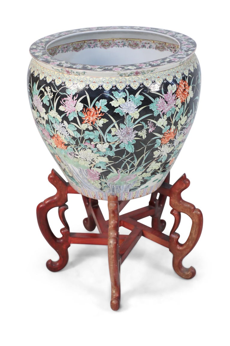 Chinese Floral Porcelain Planter with Wooden Stand For Sale at 1stDibs