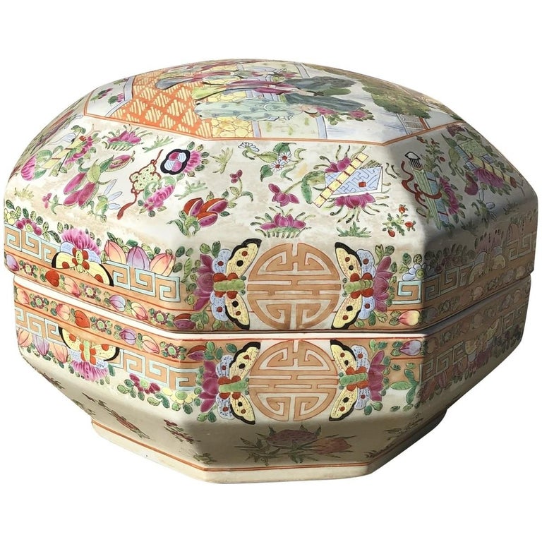 Chinese Flowers and Flowers Famille Octagonal Box with Lid For Sale at ...