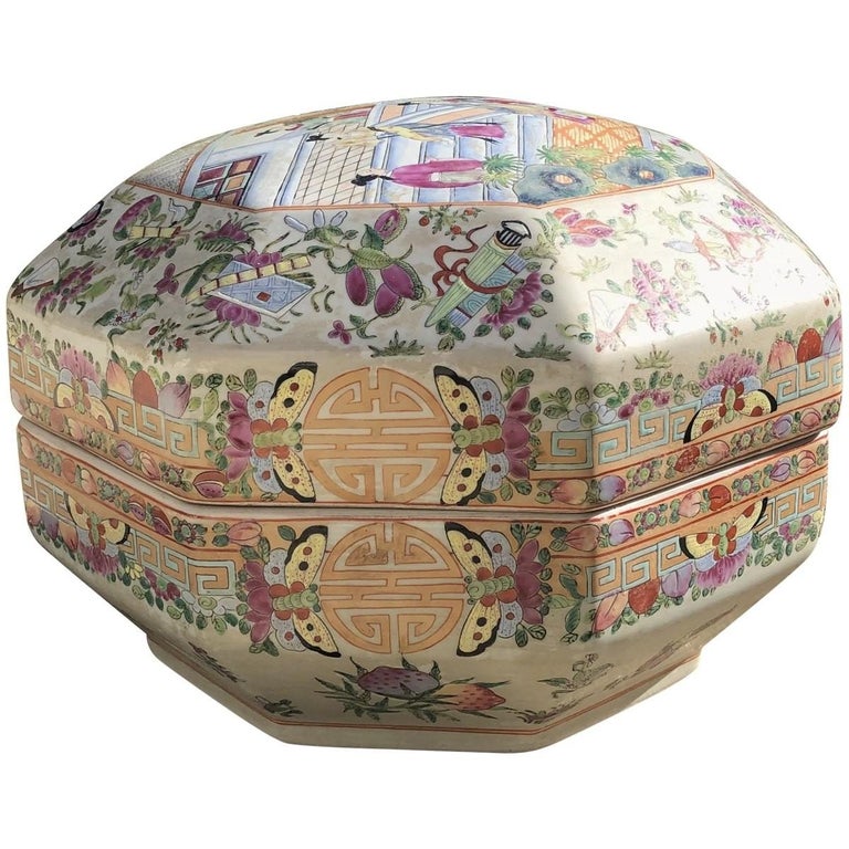 Chinese Flowers and Flowers Famille Octagonal Box with Lid For Sale at ...