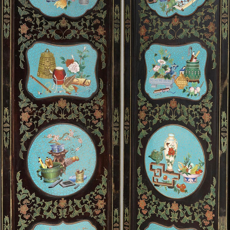 Chinese Folding Screen Mounted with Cloisonné Enamel Panels For Sale at 1stDibs