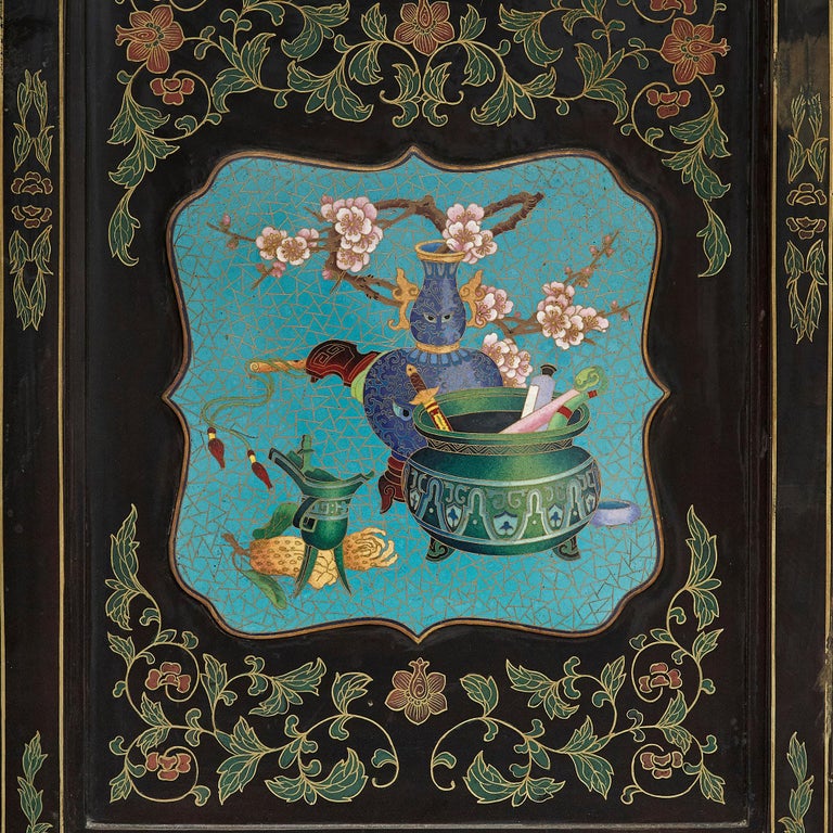 Chinese Folding Screen Mounted with Cloisonné Enamel Panels For Sale at 1stDibs