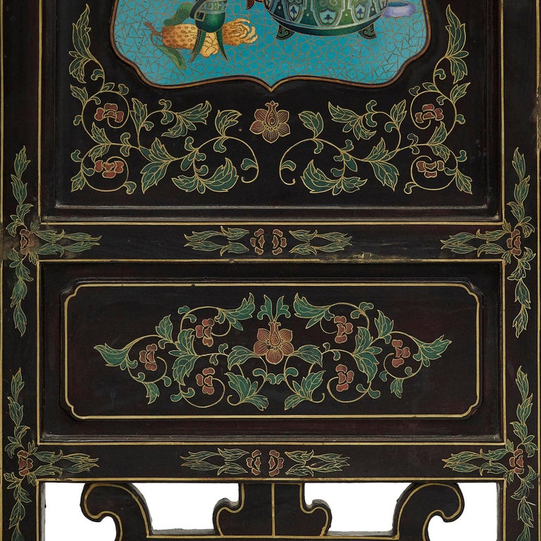Chinese Folding Screen Mounted with Cloisonné Enamel Panels For Sale at 1stDibs