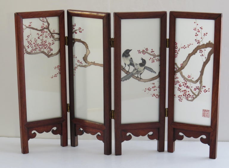 Chinese Folding Table or Desk Screen Hardwood and Silk Hand Decorated ...