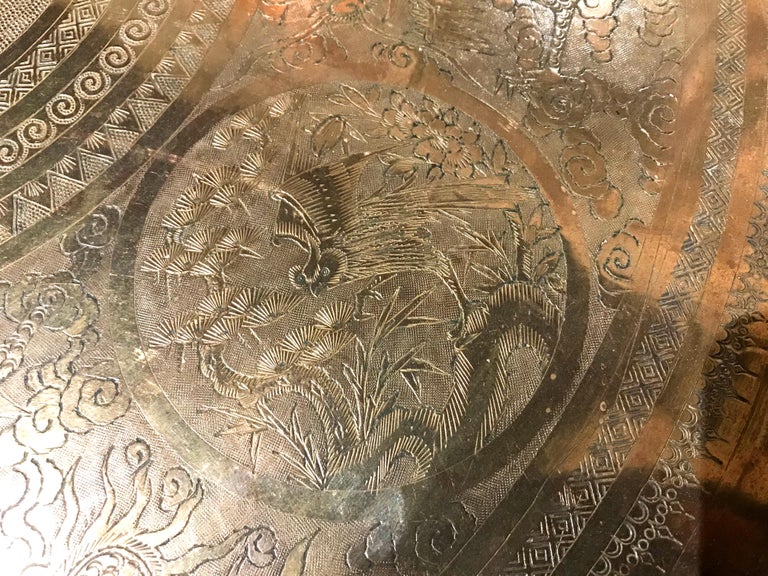 Chinese Foliate Carved Hardwood Folding Table with Brass Tray Top at ...