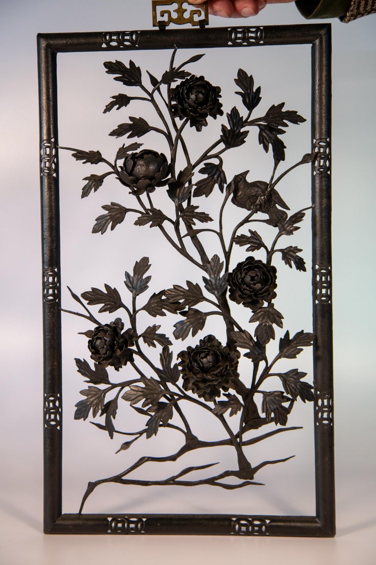 Chinese Forged and Wrought Iron Framed Chrysanthemums, Branches and ...