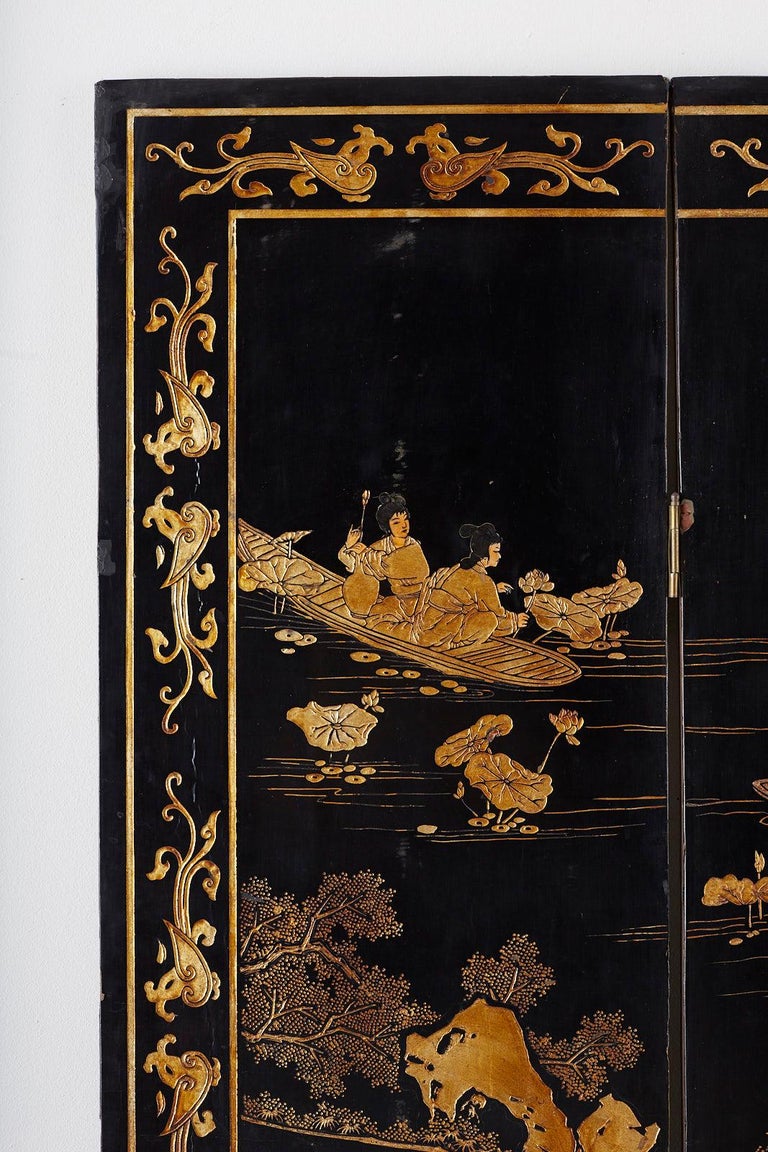 Chinese Four Panel-Gilt Lacquer Coromandel Screen at 1stDibs