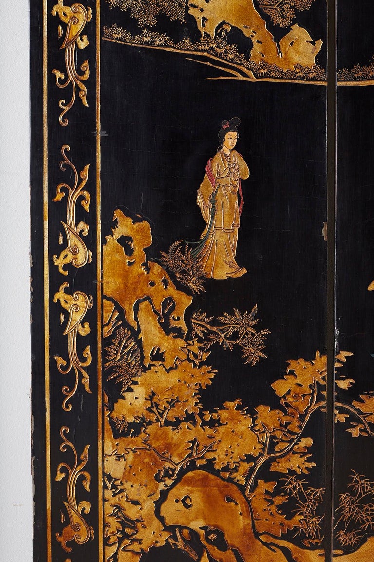 Chinese Four Panel-Gilt Lacquer Coromandel Screen at 1stDibs