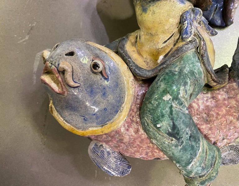 Chinese Glazed Ceramic Pottery Guardian Ancestor Roof Tile Qing Figure ...