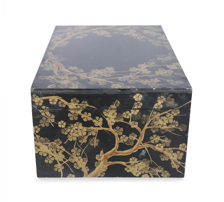 Chinese Gold and Black Painted Cherry Blossom Motif Decorative Box For ...