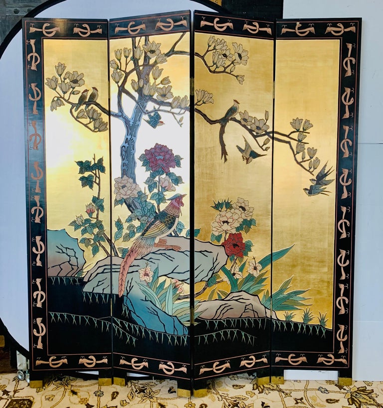 Chinese Gold Leaf Four Panel Room Divider Screen at 1stDibs