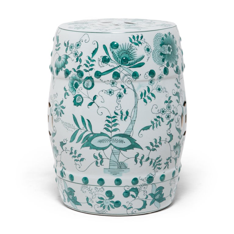 Chinese Green and White Ceramic Drum Stool at 1stDibs