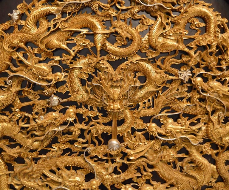 Chinese Hand Carved Gilt Dragon Wall Plaque at 1stDibs