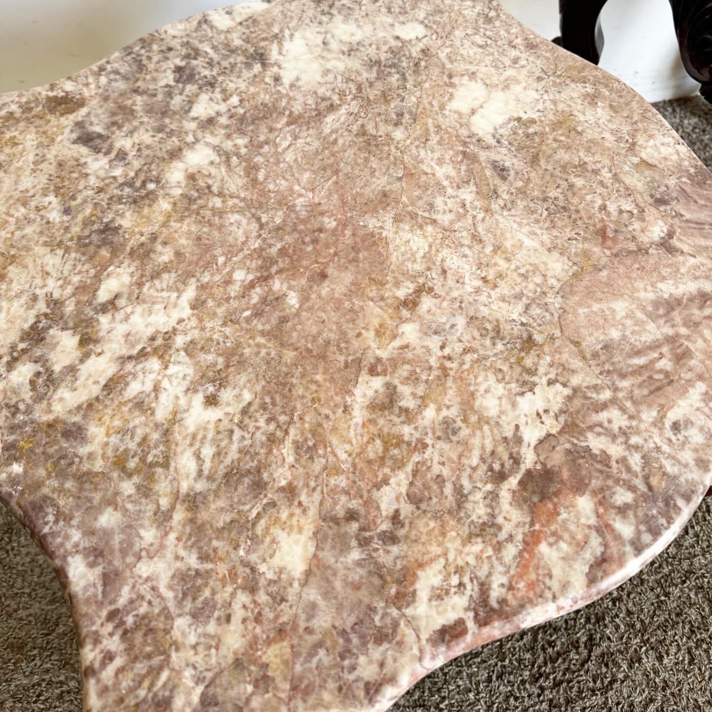 Chinese Hand Carved Rosewood Pink Marble Top Side Tables - a Pair For ...