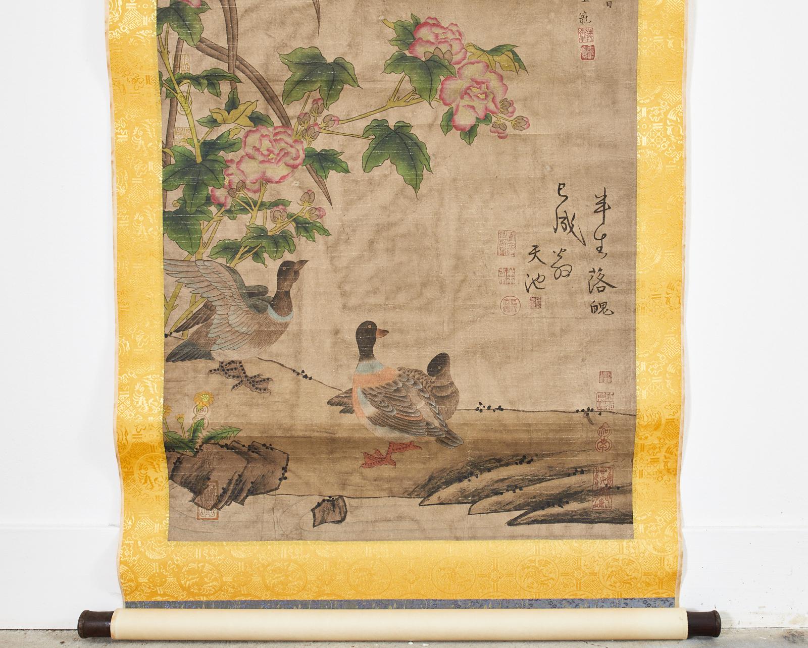 Chinese Hanging Scroll Landscape with Birds and Flowers at 1stDibs