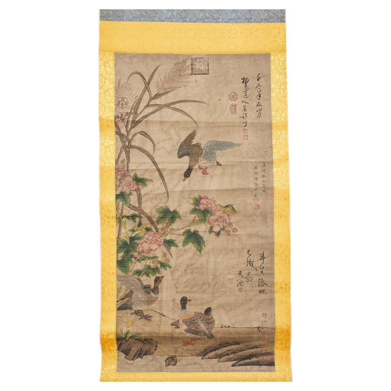 Chinese Hanging Scroll Landscape with Birds and Flowers For Sale at 1stDibs