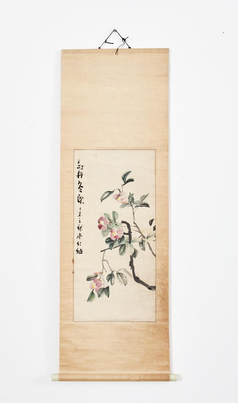 Chinese Hanging Scroll Painting of Camellias Signed Dated For Sale at ...