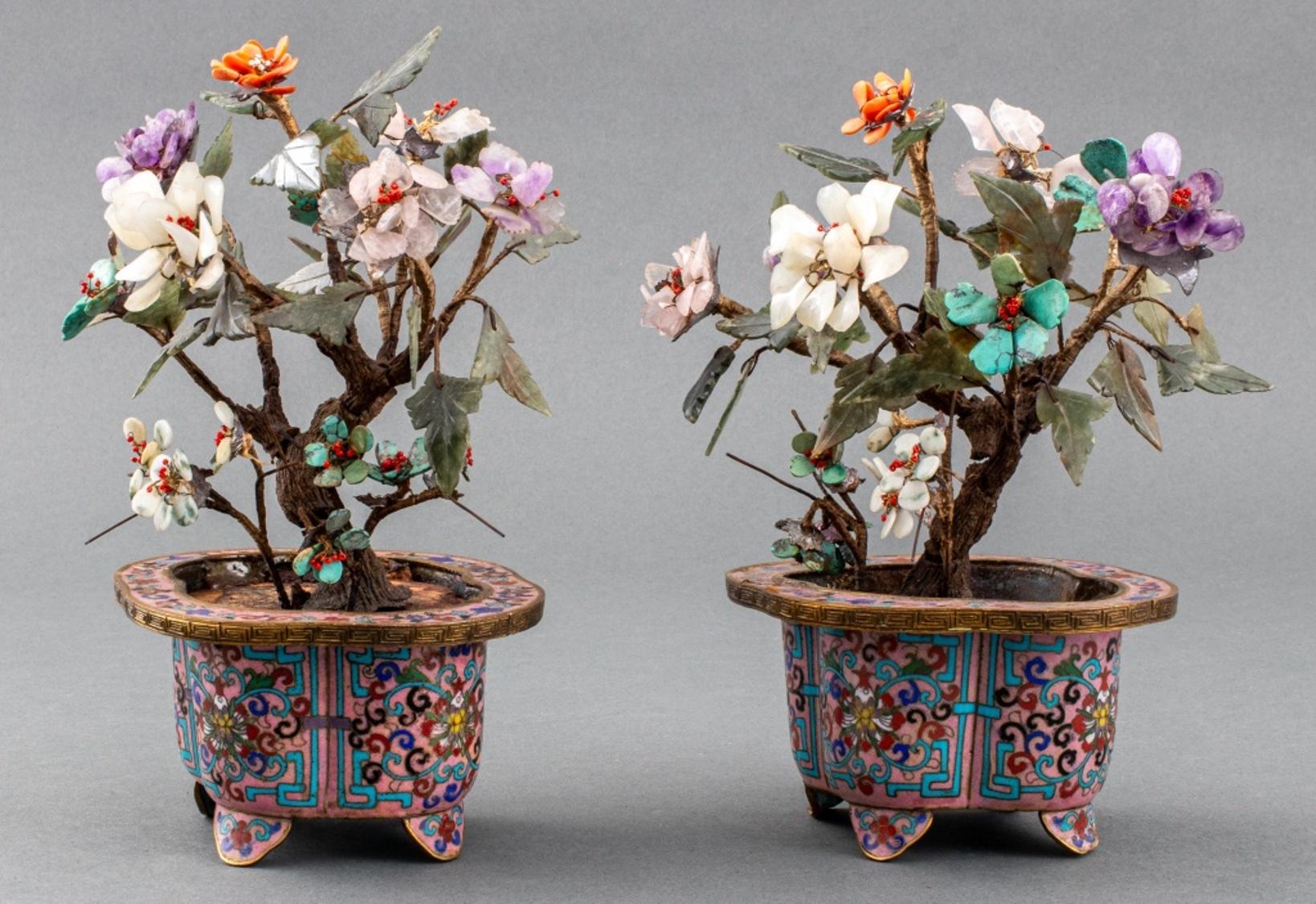 Chinese Hardstone Trees in Cloisonne Pots, Pair For Sale at 1stDibs