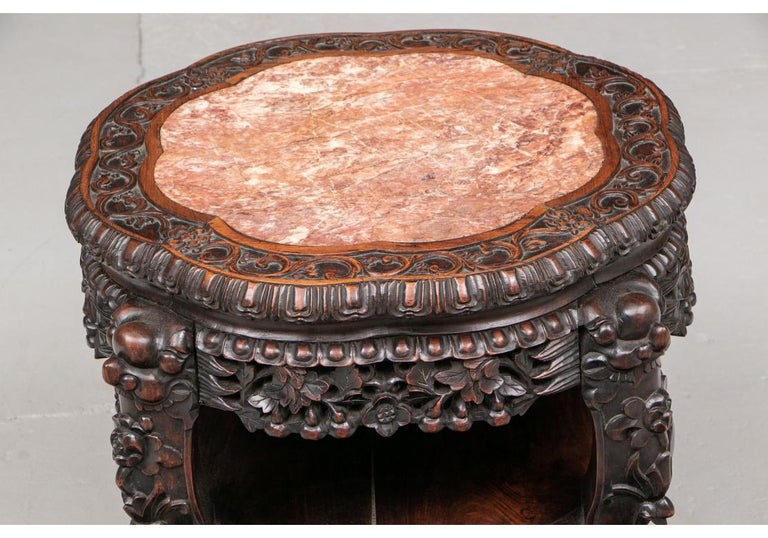 Chinese Heavily Carved Marble Top Tiered Stand For Sale at 1stDibs