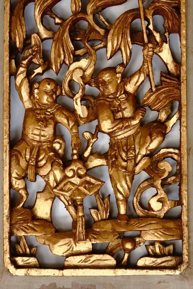 Chinese High Relief Carved Figural Gilt Panels at 1stDibs