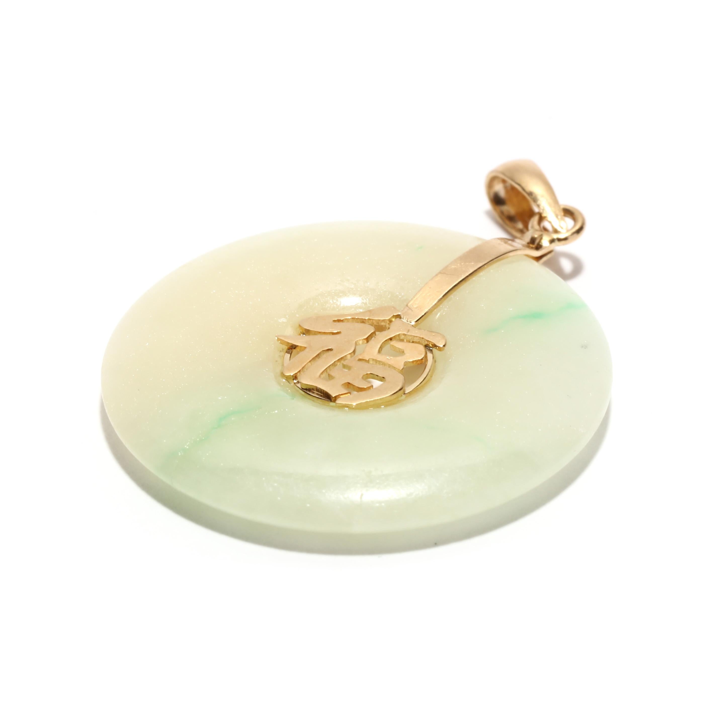 Chinese Jade Pendant, Round Jade Charm, 14k Gold, Light Green Jade ...