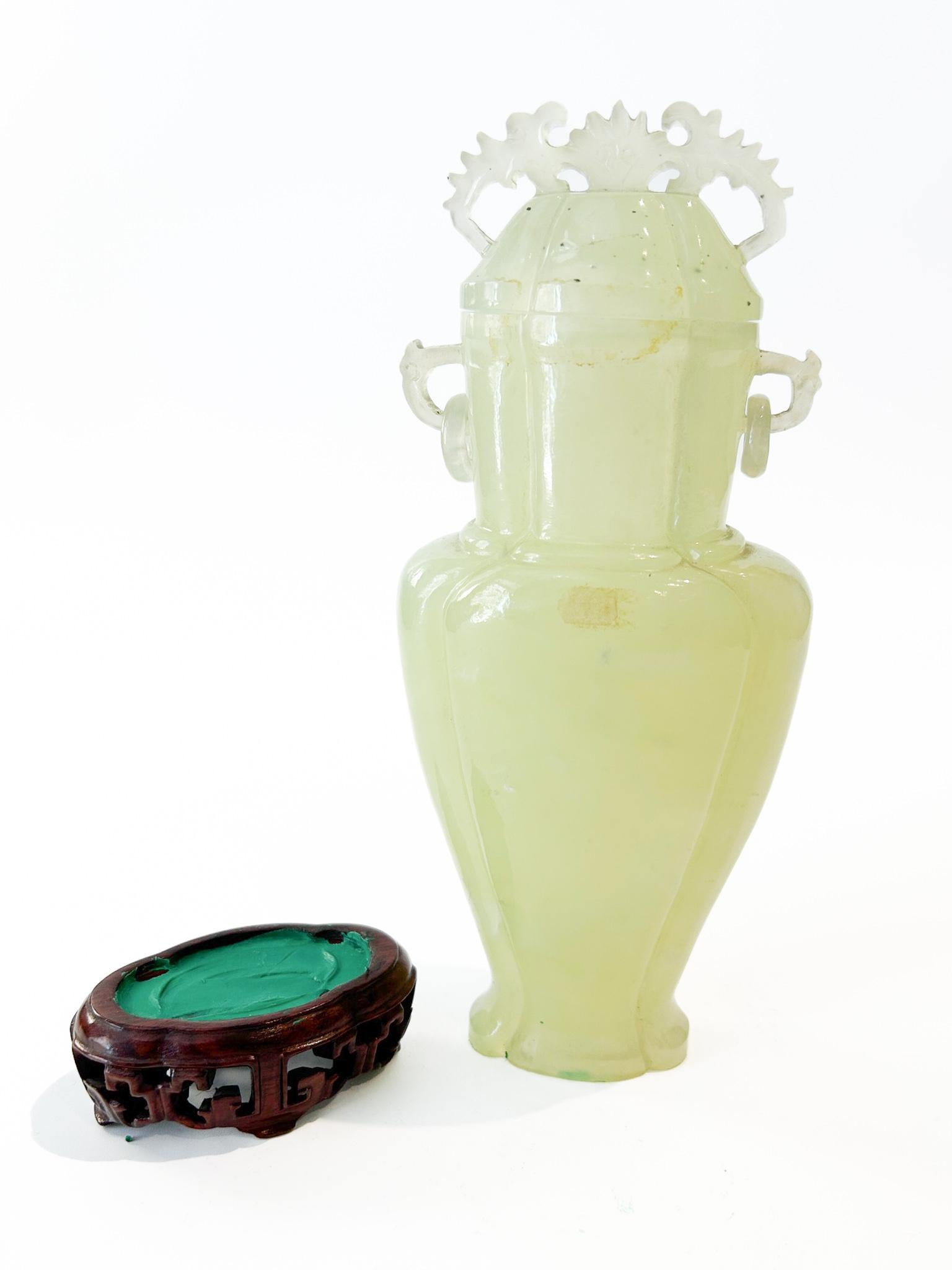 Chinese Jade Vase with Lid and Base from the 1950s For Sale at 1stDibs